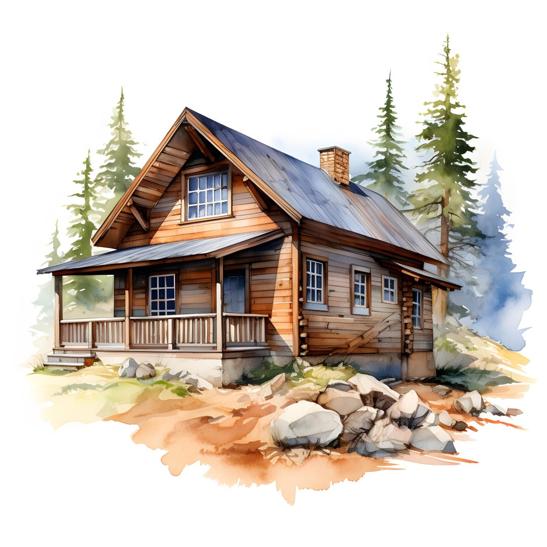 Mountain Cabin Clipart, Rustic Log Cabin Images, 10 Watercolor Clip Art ...
