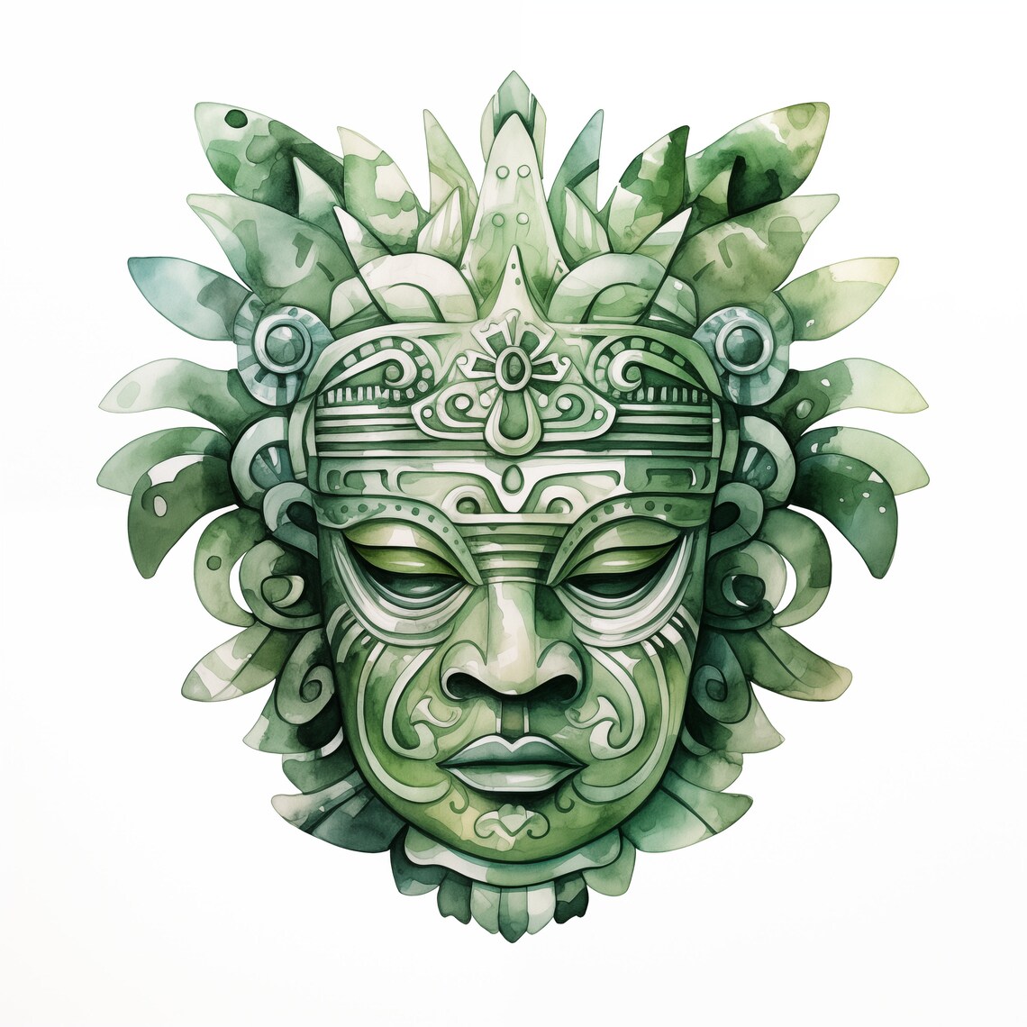 10 Aztec Jade Mask Clipart, Ancient Aztec Mask JPG, Watercolor Clipart ...
