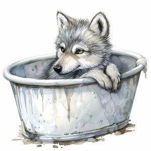 Wolf in Bathtub Clipart, Wolf Washing Images, 10 Watercolor Clip Art ...