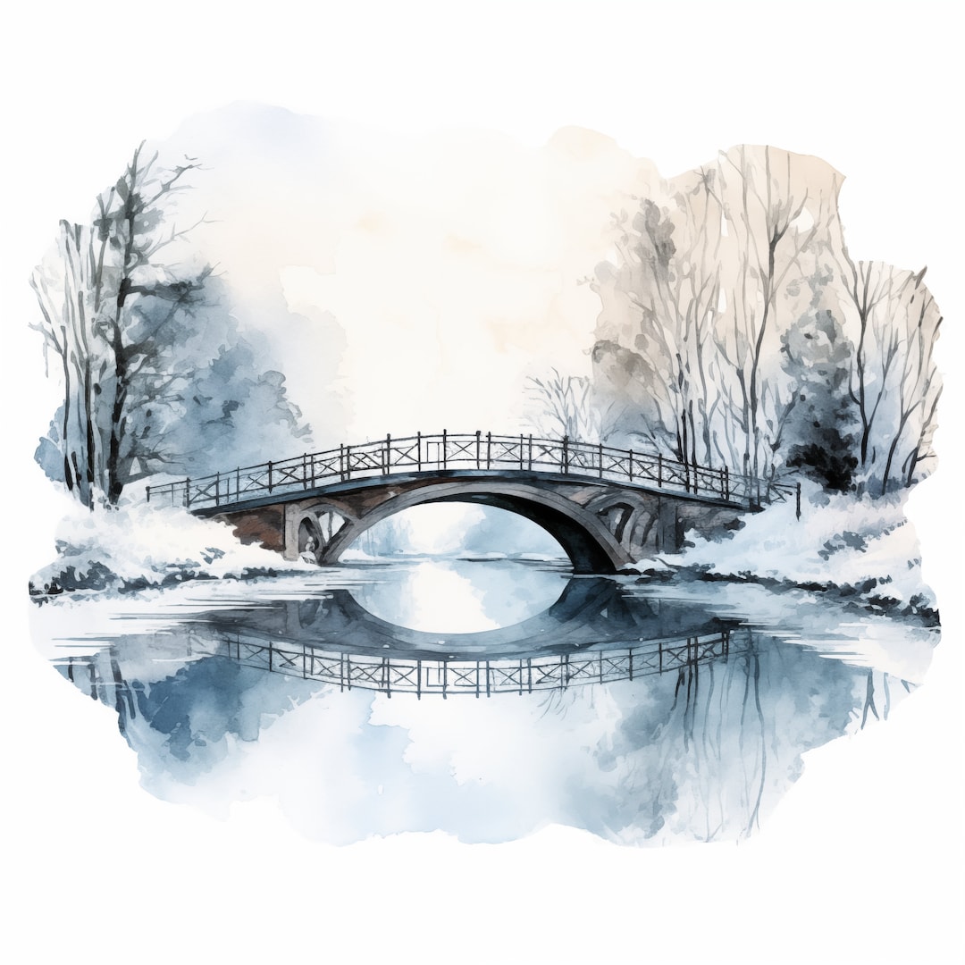 Bridge in Winter Clipart, Winter Bridge Images, 16 Watercolor Clip Art ...