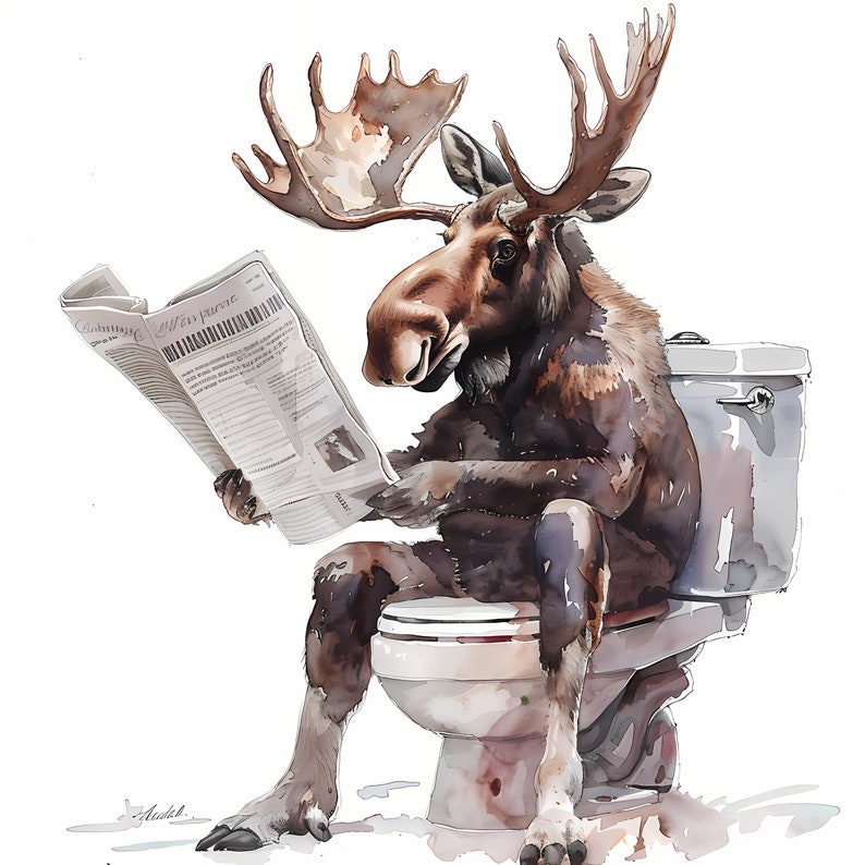 Watercolor Moose on Toilet Clipart: Funny Bathroom Art (JPG Download ...
