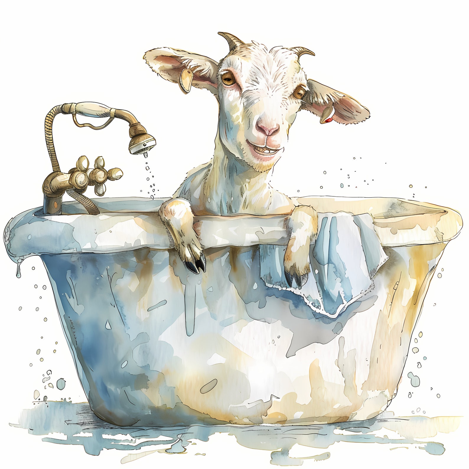 Goat in Bathtub Clipart, Goat Washing Images, 10 Watercolor Clip Art ...