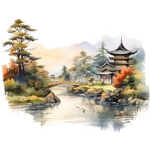 Japanese Landscape Clipart, Japan Scene Images, 10 Watercolor Clip Art ...