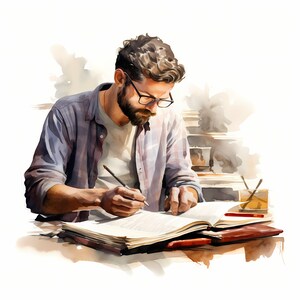 Man Writing Clipart, Writer Images, 10 Watercolor Clip Art, Printable ...