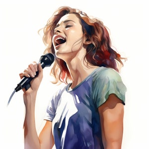 Watercolor Woman Singing Clipart: Microphone JPG Images (commercial Use ...