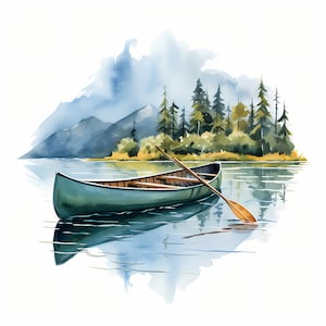 Canoe Clipart, Canoe in Lake Images, 10 Watercolor Clip Art, Printable ...