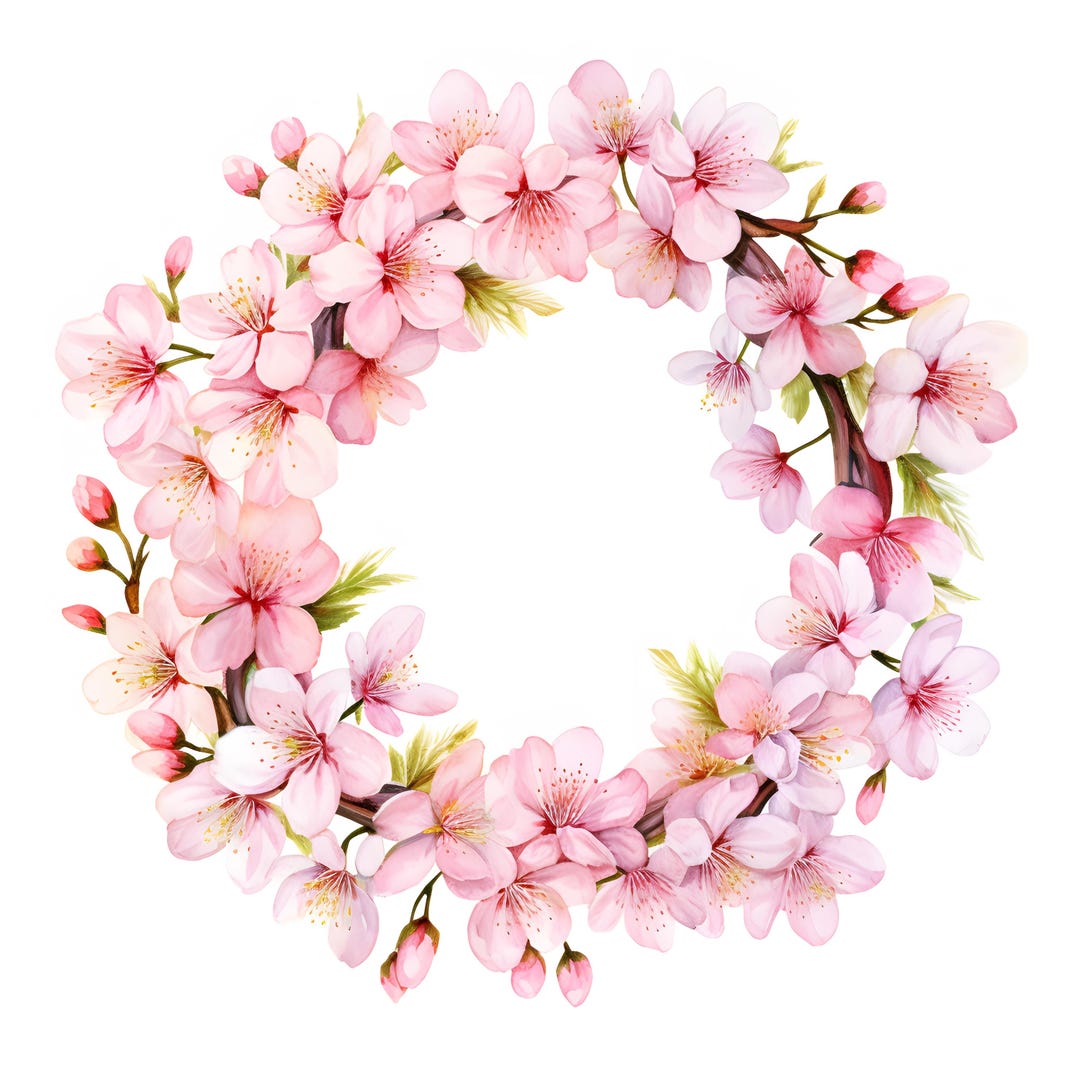 Cherry Wreath Clipart, Cherry Blossom Flowers Images, 10 Watercolor ...