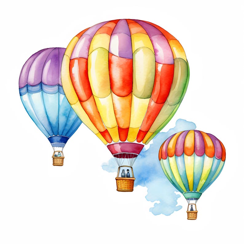 Watercolor Hot Air Balloons Clip Art: Printable JPG Images (commercial ...