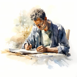Man Writing Clipart, Writer Images, 10 Watercolor Clip Art, Printable ...