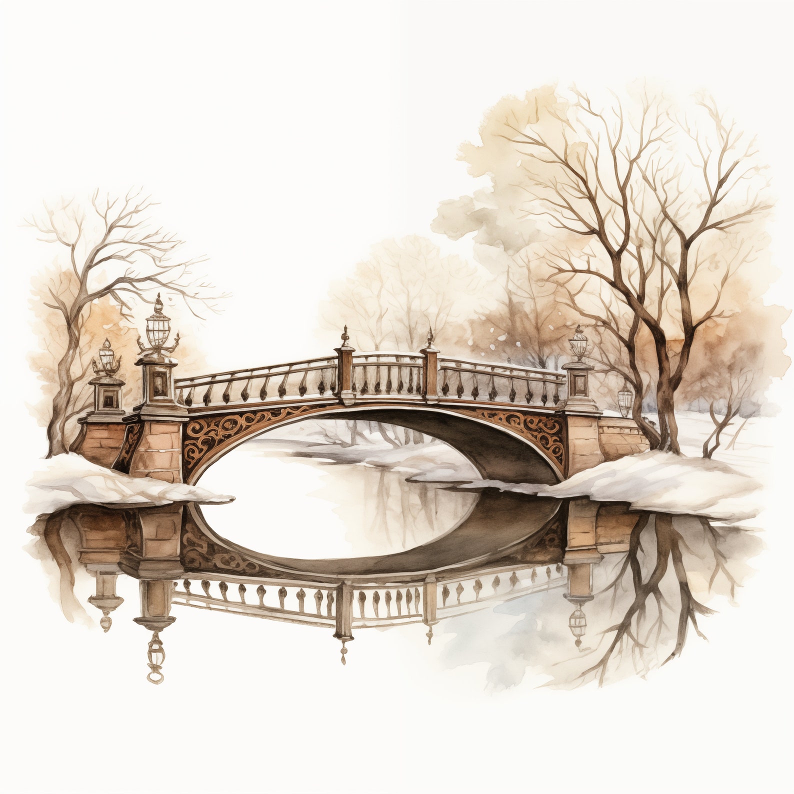 Bridge in Winter Clipart, Winter Bridge Images, 16 Watercolor Clip Art ...