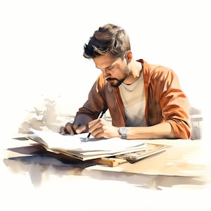 Man Writing Clipart, Writer Images, 10 Watercolor Clip Art, Printable ...