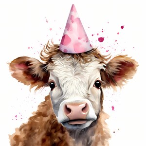 Cow Clipart, Cow With Party Hat Images, 10 Watercolor Clip Art ...