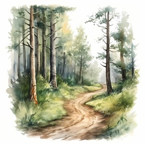 Watercolor Forest Path Clipart: Printable Woods Landscape (JPG Digital ...