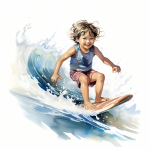 Child Surfing Clipart, Young Surfer Images, 10 Watercolor Clip Art ...