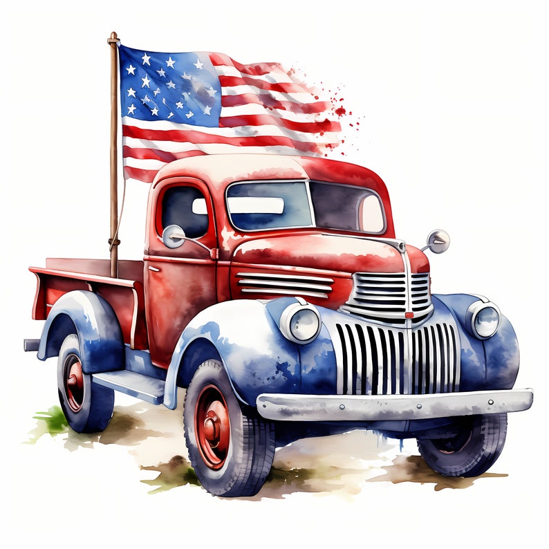 Patriotic Truck Clipart, July 4th Pickup Truck Images, 10 Watercolor ...
