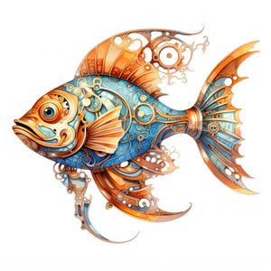 Steampunk Fish Clipart, Cyber Fish Images, 10 Watercolor Clip Art ...