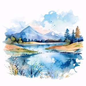 Lake Landscape Clipart, Abstract Lake Images, 10 Watercolor Clip Art ...