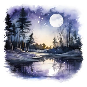 Watercolor Moonlit Forest Clipart: Full Moon Night Images (jpgs) - Etsy