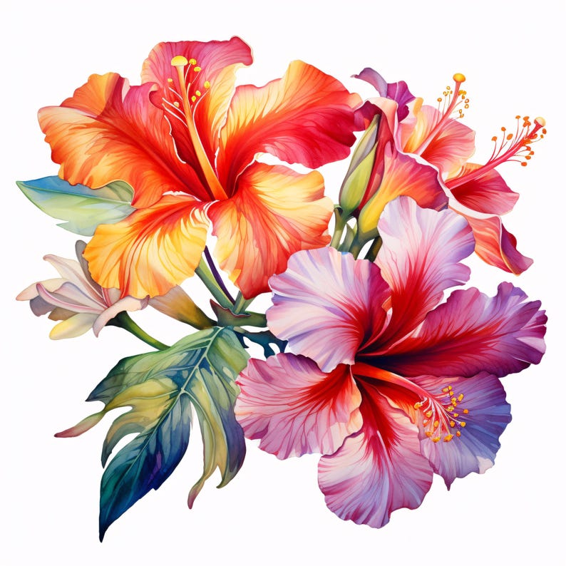 Watercolor Hibiscus Clipart: Tropical Flower Art, Exotic Botanical ...