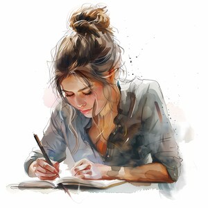 Woman Writing Clipart, Writer Images, 10 Watercolor Clip Art, Printable ...