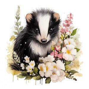 10 Skunk With Flowers Clipart, Skunk JPG, Watercolor Clipart, High ...