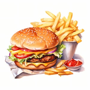 Burgers and Fries Clipart, Fast Food Images, 10 Watercolor Clip Art ...