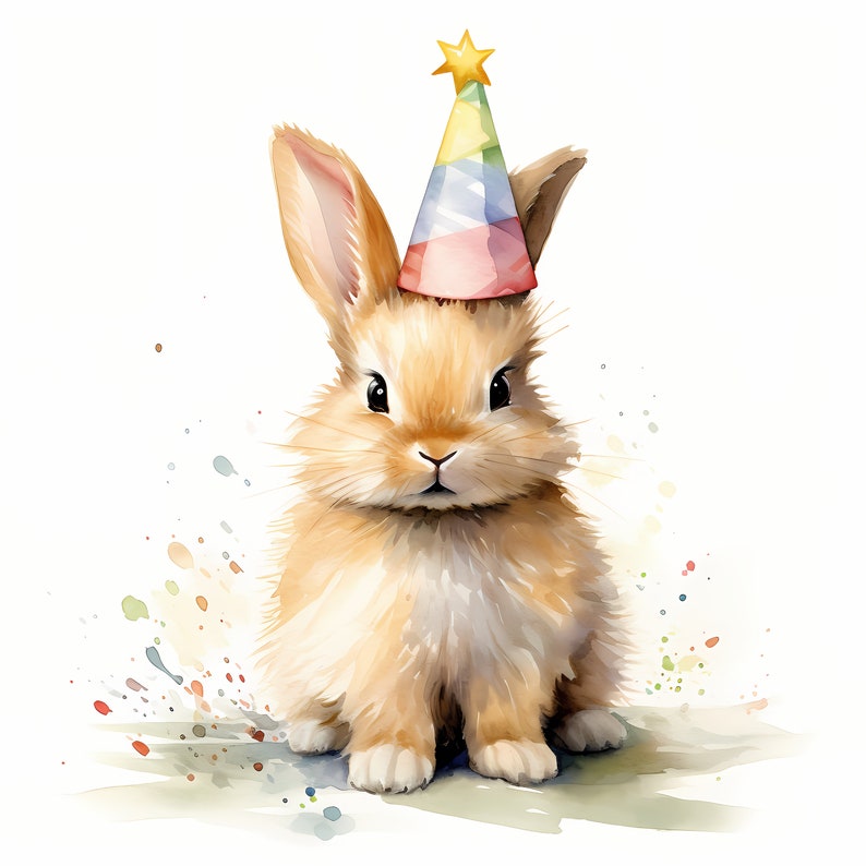 Watercolor Bunny Clipart: Party Hat Animal Images (JPG Digital Download ...