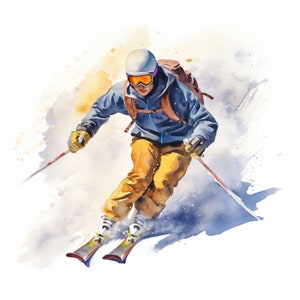 Watercolor Skiing Clipart: Winter Sports JPG Images (digital Download ...