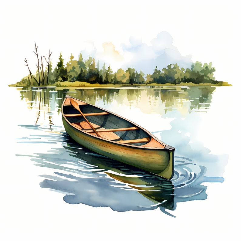 Watercolor Canoe Clipart: Lake Landscape Images (JPG Digital Download ...