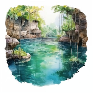 Cenote Landscape Clipart, Mexican Cenote Images, 10 Watercolor Clip Art ...
