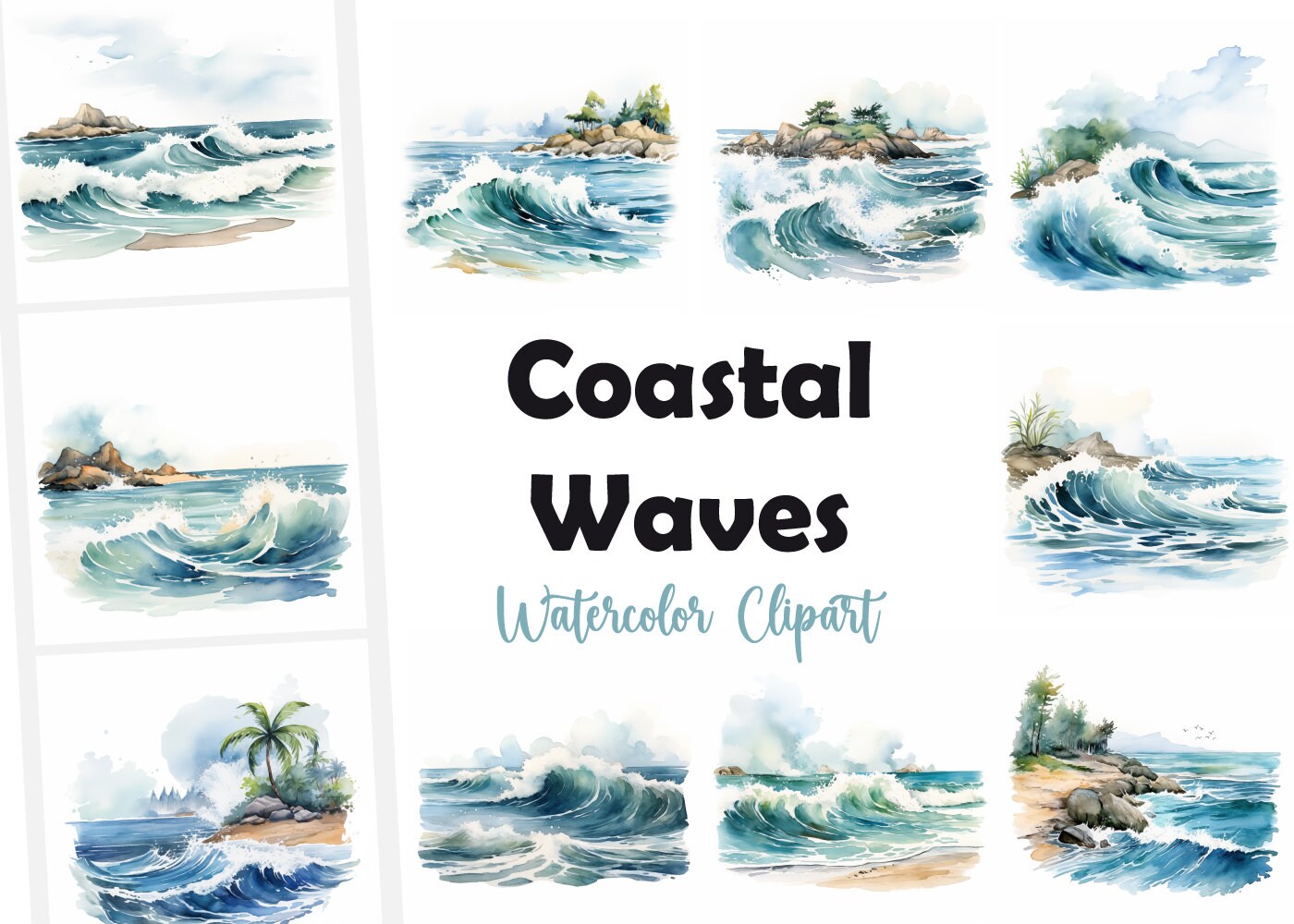 Coastal Waves Clipart, Ocean Waves Images, 10 Watercolor Clip Art ...