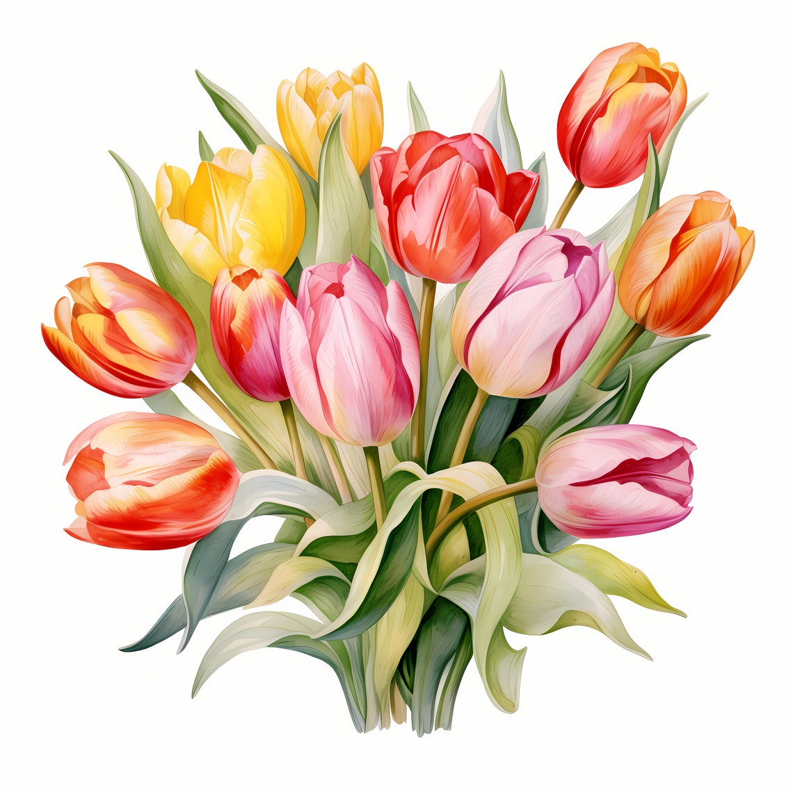 Tulips, Bouquet of Tulips, Spring Flowers Watercolor Clipart Set With ...