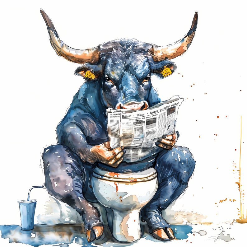 Funny Bull on Toilet Watercolor Clipart: Printable Bathroom Art (JPG ...