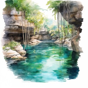 Cenote Landscape Clipart, Mexican Cenote Images, 10 Watercolor Clip Art ...