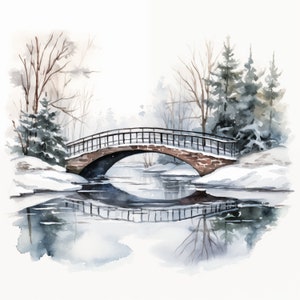 Bridge in Winter Clipart, Winter Bridge Images, 16 Watercolor Clip Art ...