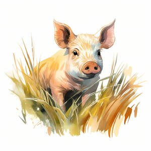 Farm Pig Clipart, Pig in Meadow Images, 10 Watercolor Clip Art ...