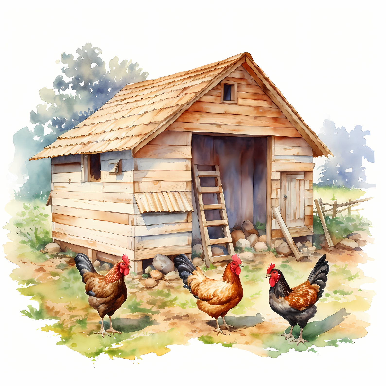 Chicken Coop Clipart, Chickens in Coop Images, 10 Watercolor Clip Art ...