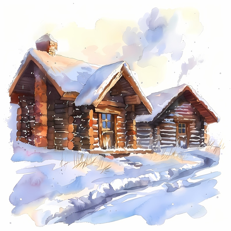 Snowy Log Cabins Clipart, Log Cabin in Snow Images, 10 Watercolor Clip ...