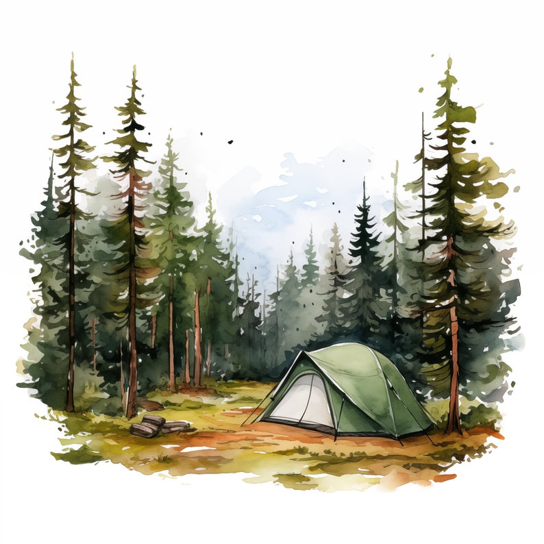 10 Camping Clipart, Camping in Nature JPG, Camp JPG, Watercolor Clipart ...
