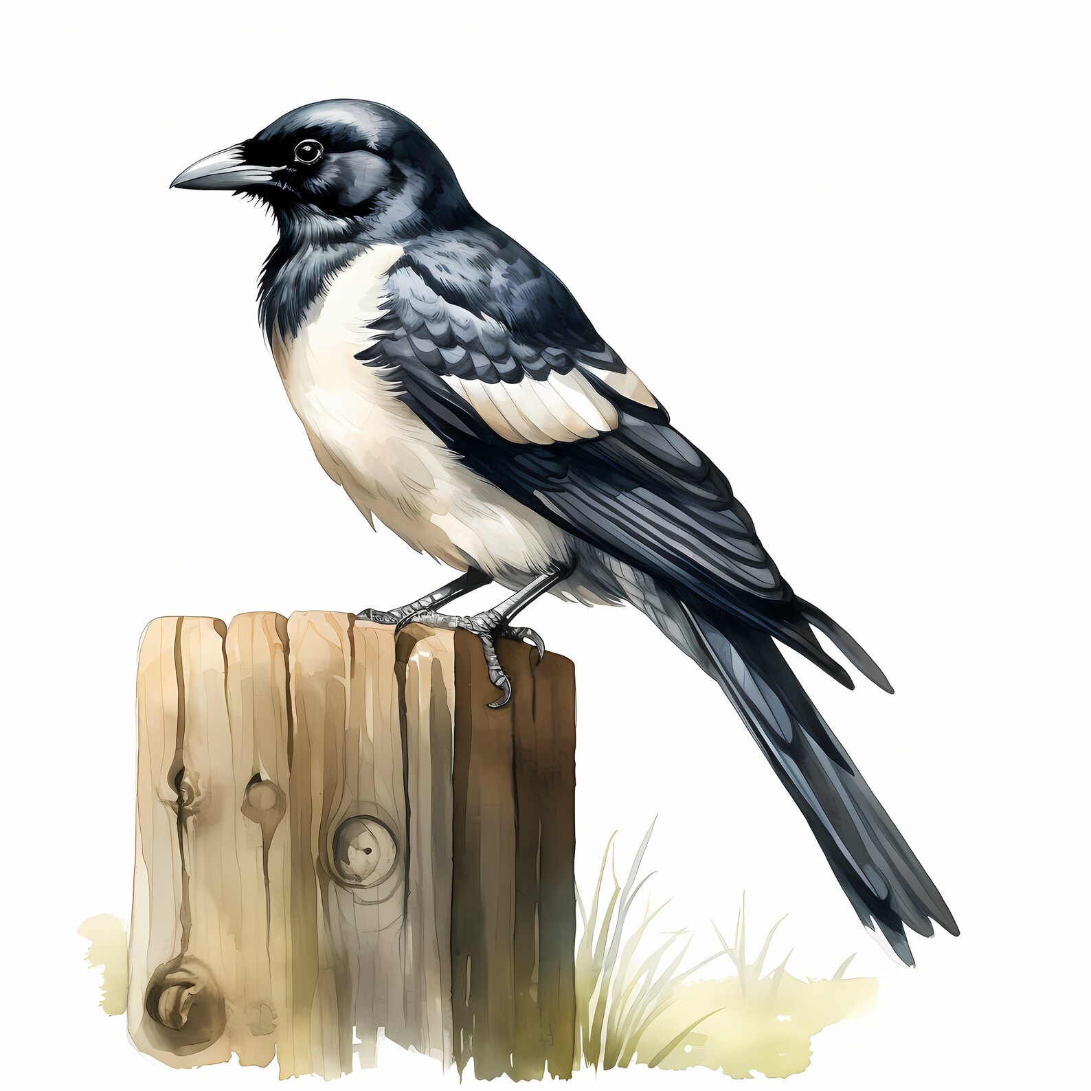 Magpie Watercolor Clipart: Bird on Fence Post (printable Jpgs) - Etsy