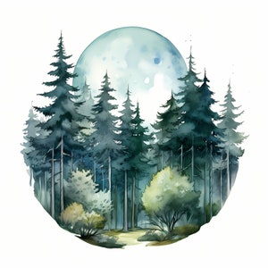Full Moon Over Forest Clipart, Forest Moon Images, 10 Watercolor Clip ...