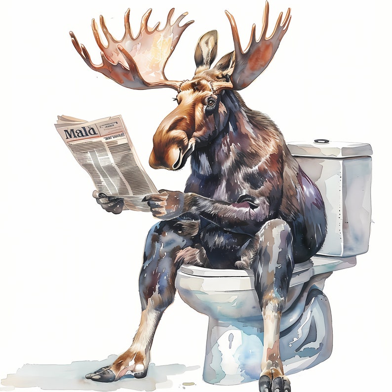 Watercolor Moose on Toilet Clipart: Funny Bathroom Art (JPG Download ...