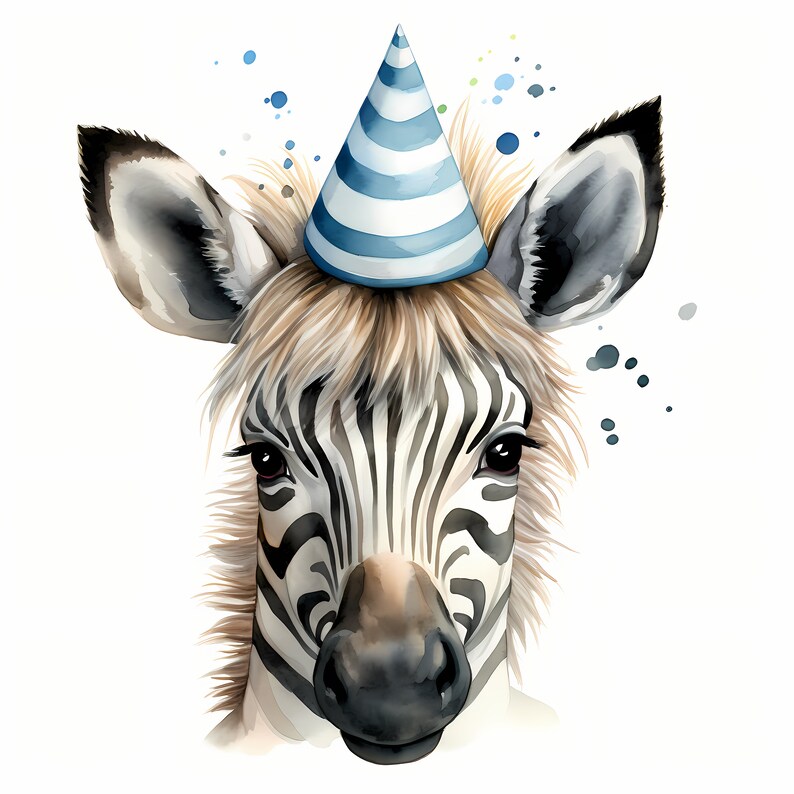 Zebra With Party Hat, Funny Zebra Watercolor Clipart Set With 10 JPG ...
