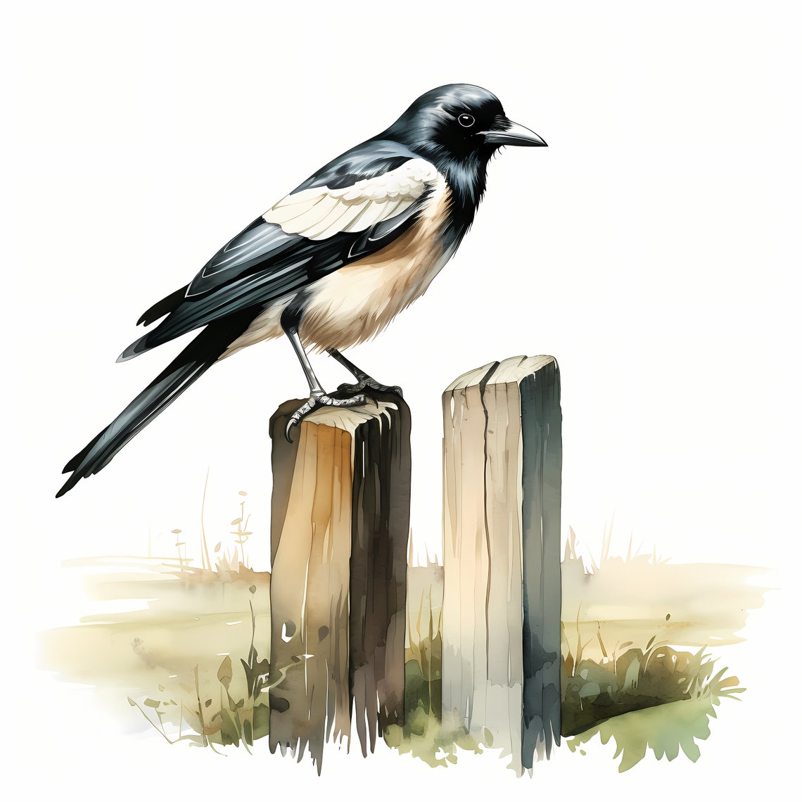 Magpie Watercolor Clipart: Bird on Fence Post (printable Jpgs) - Etsy