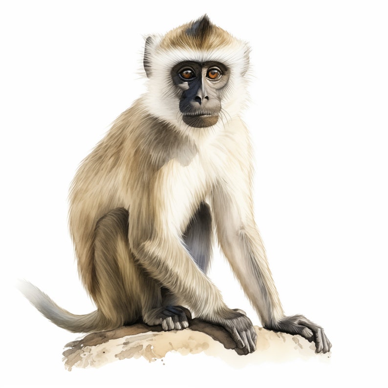 Vervet Monkey Clipart, Rainforest Primates Images, 10 Watercolor Clip ...