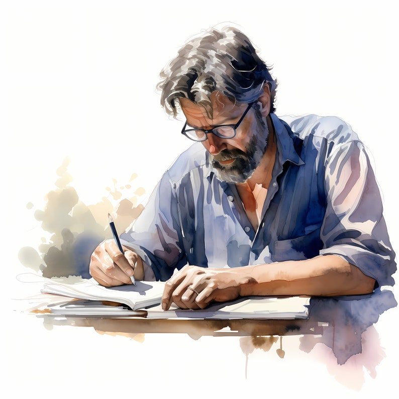 Man Writing Clipart, Writer Images, 10 Watercolor Clip Art, Printable ...