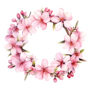 Cherry Wreath Clipart, Cherry Blossom Flowers Images, 10 Watercolor ...