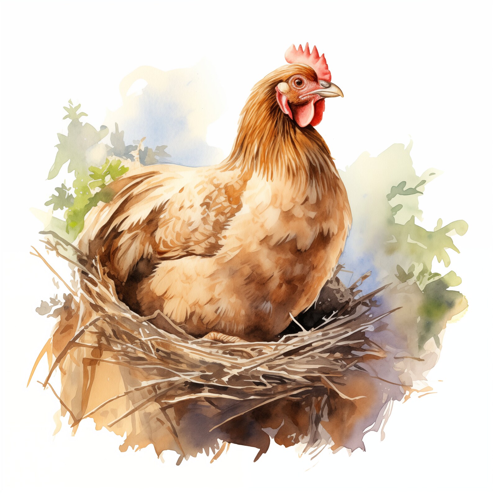 10 Hen in Nest, Hen Sitting on Eggs JPG, Watercolor Clipart, Printable ...