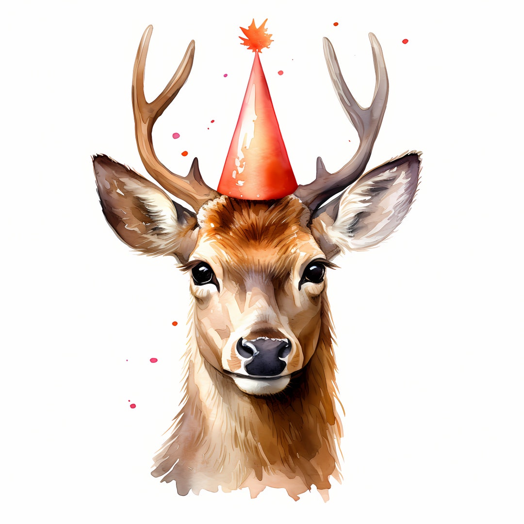 Red Deer Clipart, Deer With Party Hat Images, 10 Watercolor Clip Art ...