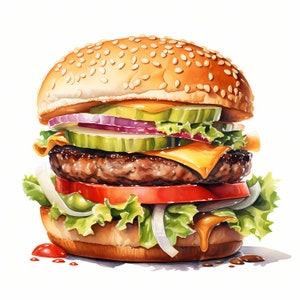 Hamburger Clipart, Tasty Burger Images, 10 Watercolor Clip Art ...